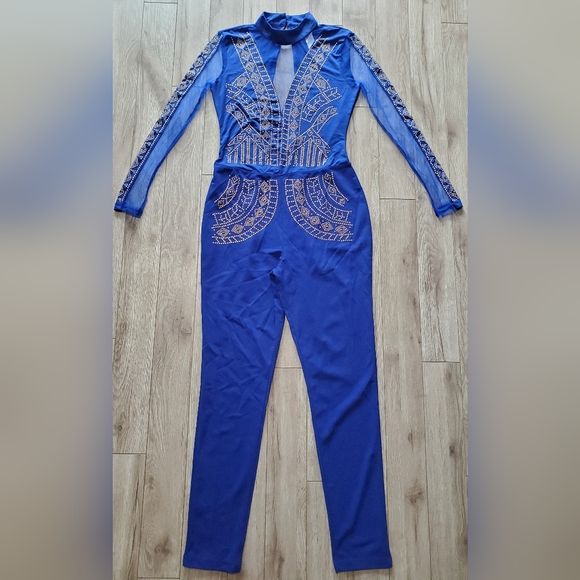 Cleo Apparel | Pants & Jumpsuits | Cleo Apparel Blue Jumpsuit With ...